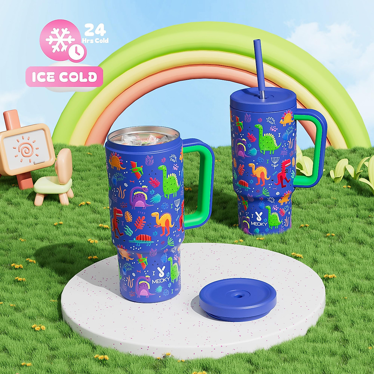 Meoky 24 oz Tumbler with Handle and Straw, 100% Leak-proof Tumbler with Lid and Straw, Insulated Stainless Steel Travel Coffee Mug, Keeps Cold for 24 Hours (Dinosaur & Flamingo)