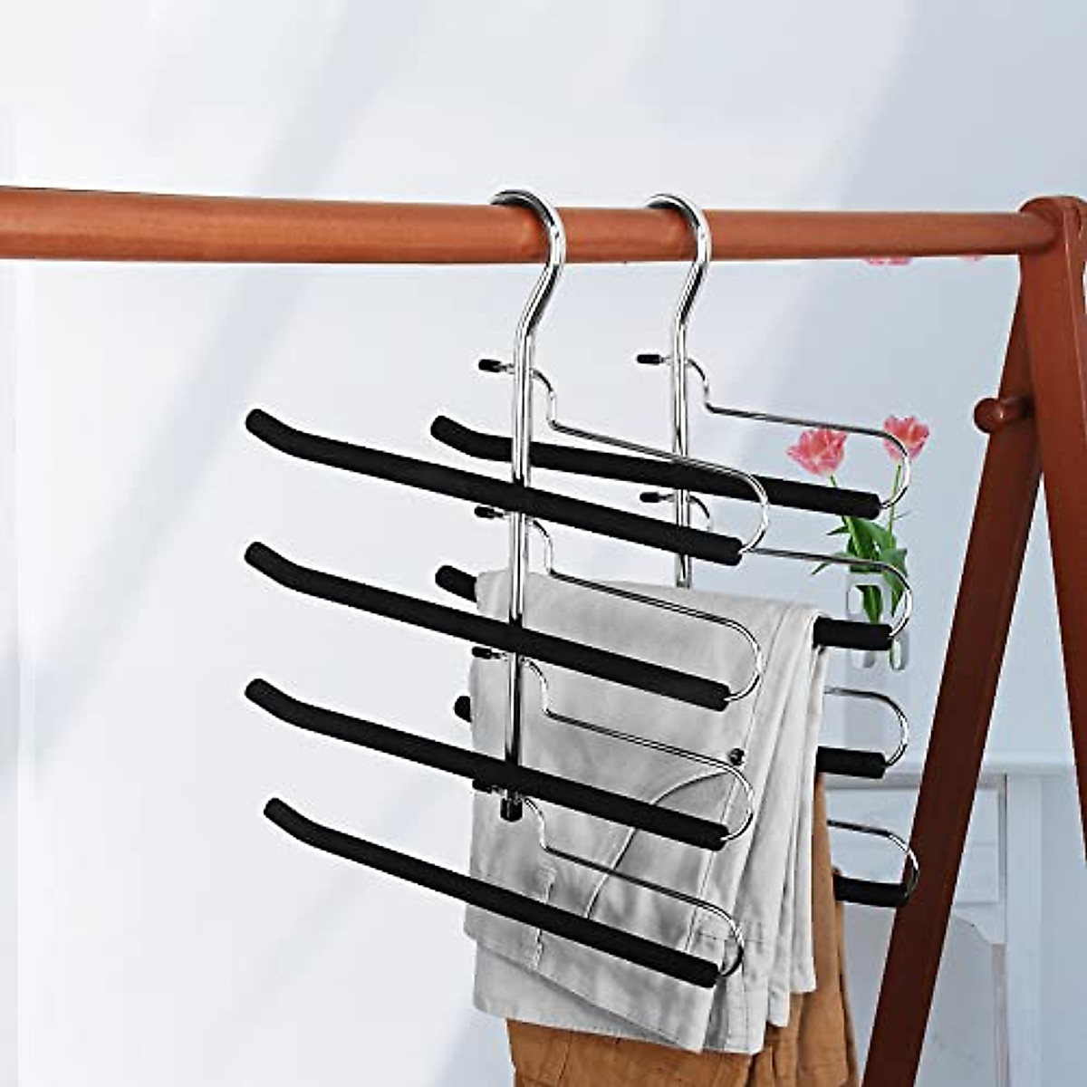 Pants Hangers, HAIZLUOP 2pcs Metal Space Saving Magic Hangers, 4 Layers (Black)