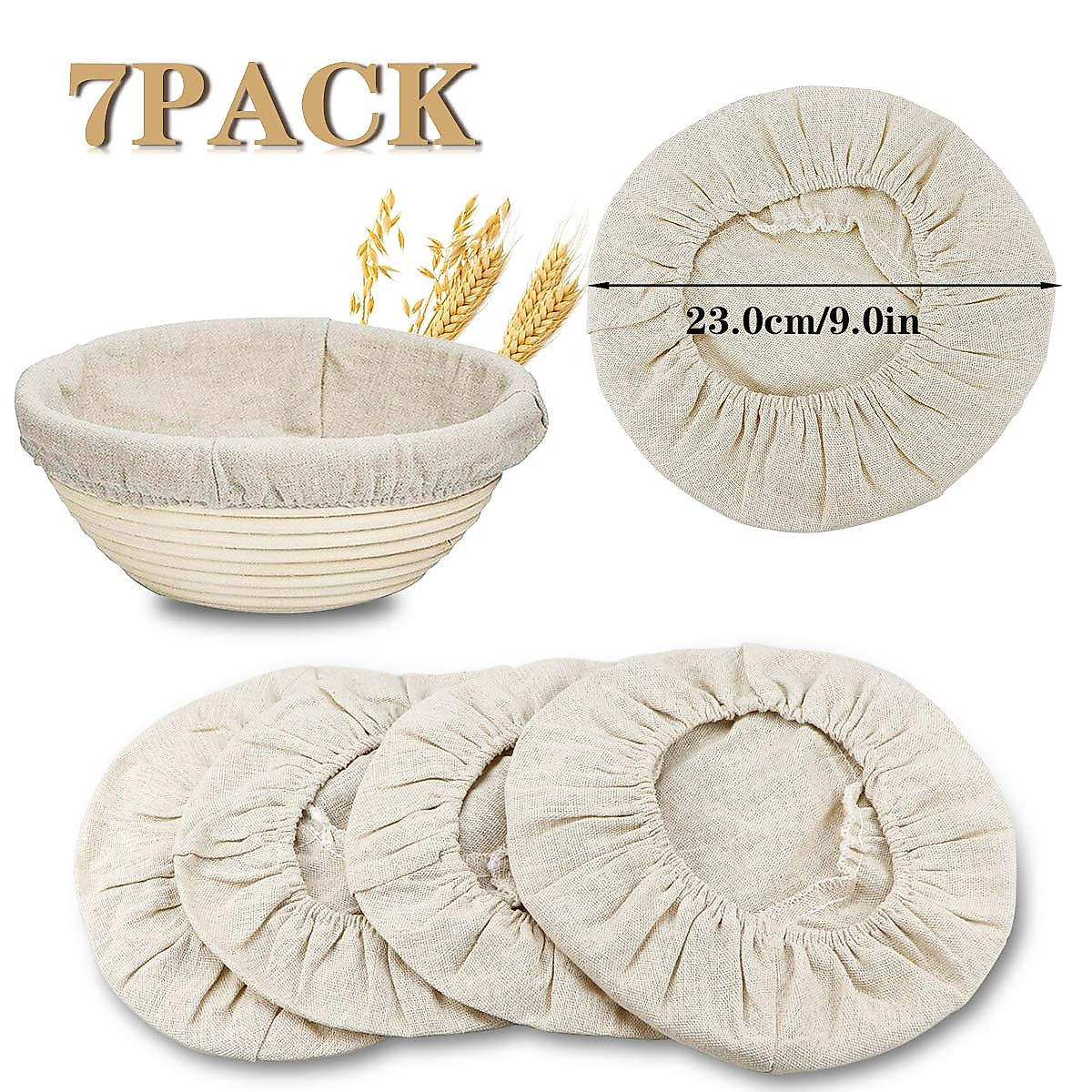 7 Packs 9 Inch Round Bread Proofing Basket Cloth Liner Banneton Sourdough Bread Proofing Natural Rattan Baking Dough Basket Cover for Home Baking,Professional Baking Supplies
