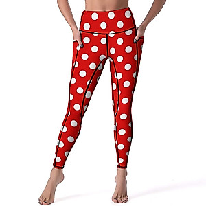 SKT T1 Polka Dot Yoga Pants for Women, White Dots Circle Round on Red Leggings with Pockets, Soft High Waist Women's Novelty Tights Tummy Control Workout Athletic Pants Activewear Leggings M