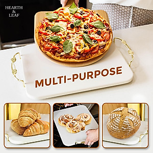 Hearth & Leaf Cordierite Pizza Stone for Oven and Grill. Including Bamboo Pizza Peel, Pizza Cutter & Gold Detachable Serving Handles - Kitchen Accessories - Baking Supplies -15 inch Large Stone
