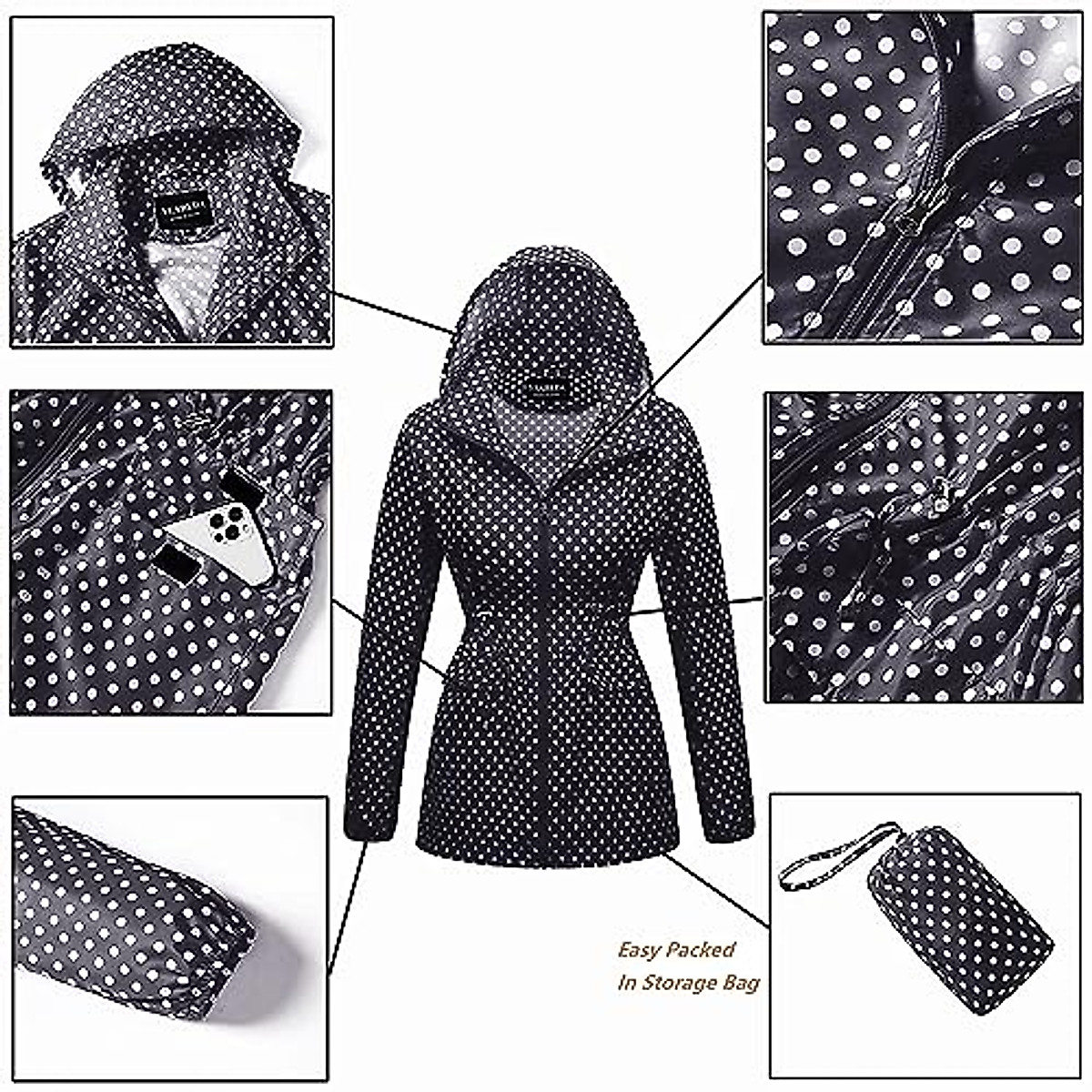 YEABEDA Women-Rain Jacket-Hood Waterproof-Lightweight Windbreak-Packable — Cute RainCoats Travel Polka Dot Ladies With Pouch (3X-Large, black Polka Dot)