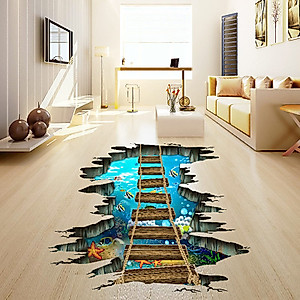 HUANLE Self-Adhesive Floor Stickers Home Room Decor 3D Volcano Lava Rope Bridge Art Floor Decals Ocean Wall Wallpaper Under The Sea Fish Vivid Stickers for Kids Teen Girls Bathroom Nursery Decor