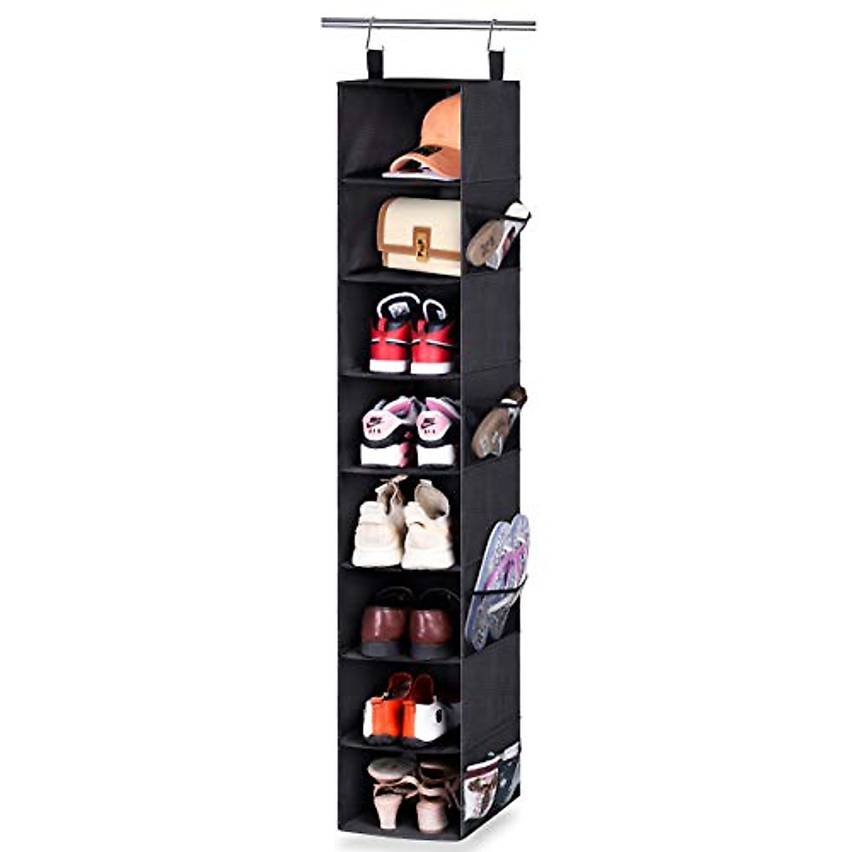 AOODA 8-Shelf Hanging Shoe Rack for Closet Organizer with 8 Mesh Side Pockets Wide Hanging Shoe Storage Holder For Hat, Clothes, Handbag, Black