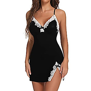 Aranmei Women Sexy Lace Chemise Nightgown Sleepwear V Neck Full Slip Babydoll Lingerie Sleep Dress(Black X-Large)