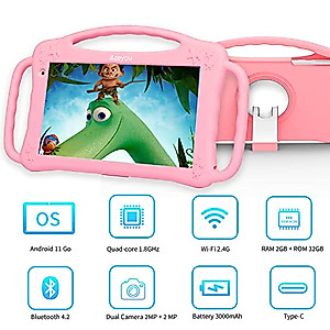 Azeyou 7 inch Android 11.0 Tablet for Kids, 2GB RAM 32GB ROM Toddler Tablet with Bluetooth, WiFi, Dual Camera, Shockproof Case, Kids APPs Pre-Installed, Parental Control, K10 Tablet Pink