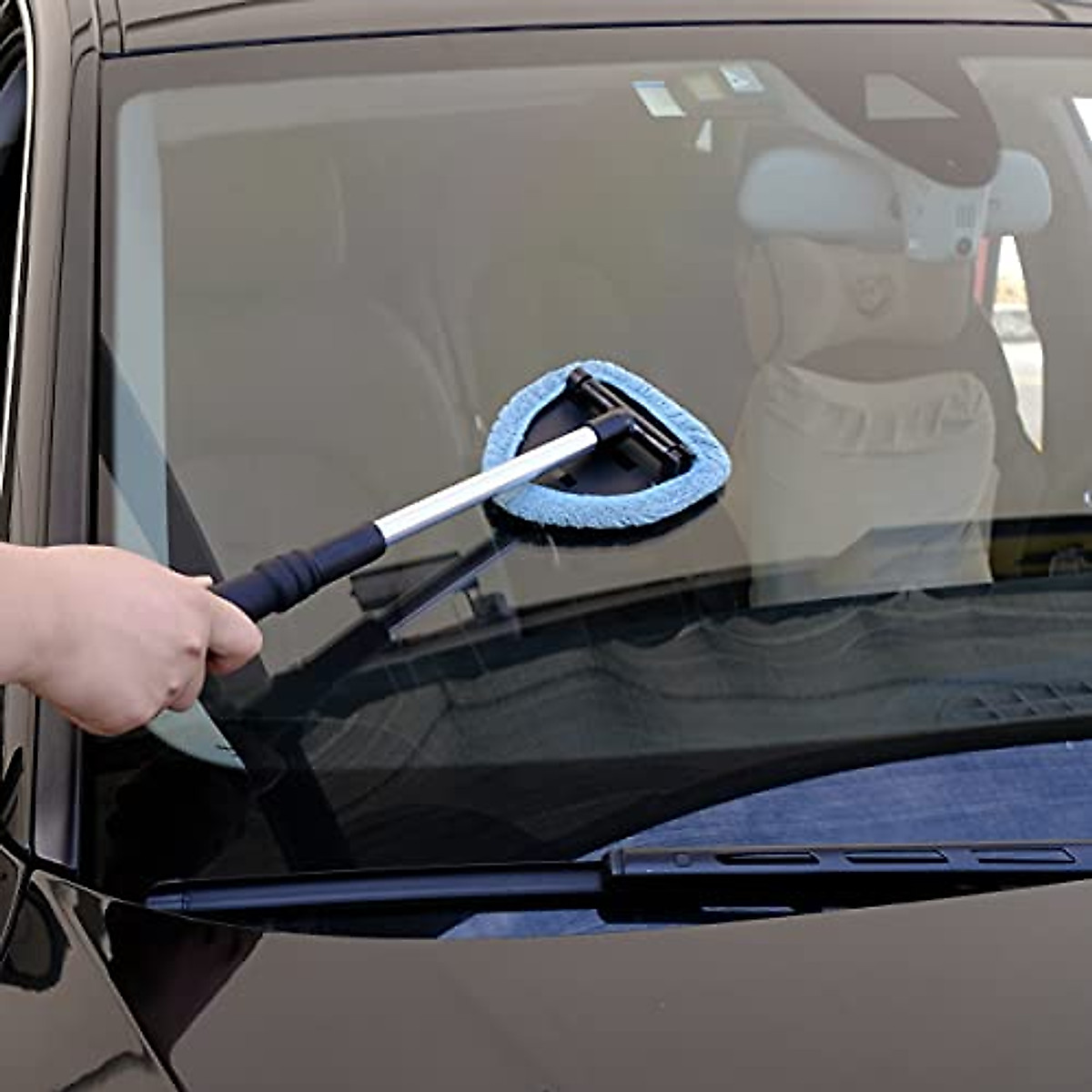 POLYTE Pivoting Windshield Glass Cleaning Tool Extendable Aluminum Handle w/3 Premium Microfiber Covers, Triangle Shaped Plate