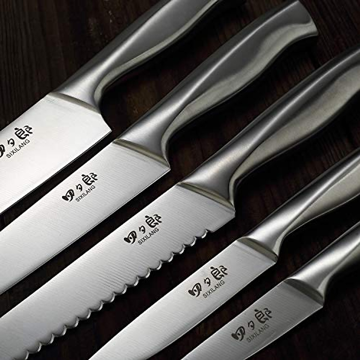 SIXILANG Knife Set, 8 Piece German Stainless Steel Hollow Handle Manual Knife Sharpener Forged Kitchen Knives Set with Oak Wooden Block Gift