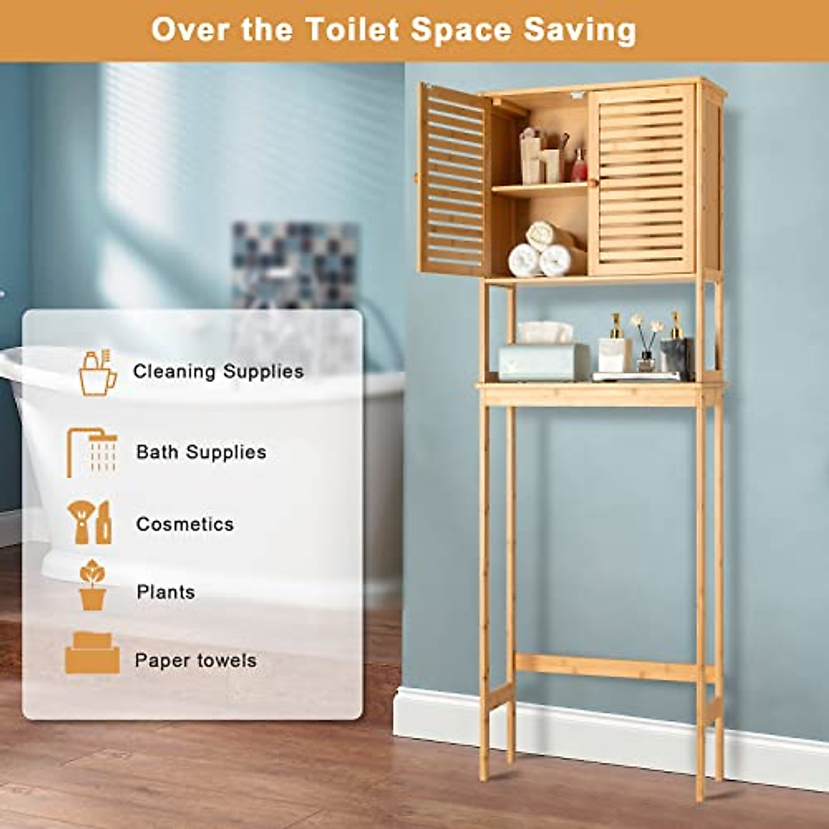 Over The Toilet Storage Cabinet, Bamboo Over Toilet Shelf Organizer with Adjustable Shelf, 2-Door with Cupboard, Bathroom Cabinet with Open Shelf Freestanding Tall Space Saver Toilet Rack, Burlywood