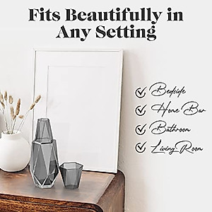 Modern Geometric Bedside Carafe | 2-Piece Set - Bedside Water Carafe | Glass Carafe with Cup that Doubles as Lid | Bedside Water Carafe and Glass Set in Grey (37oz)