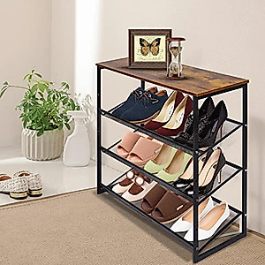 aboxoo 4-Tiers Shoes Rack Tilting Adjustable Freestanding Shoe Rack Large 9 Pairs 25.2 IN Storage Organization Brown Wood Metal For Entryways, Hallways, Closets, Dormitory Rooms, And Industries