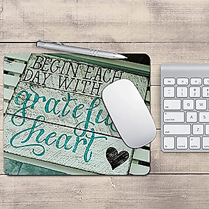 Wknoon Gaming Mouse Pad Custom, Begin Each Day with A Grateful Heart Quotes Rustic Turquoise Wood Design, Inspirational Bible Verse Scripture Quote Mouse Pads