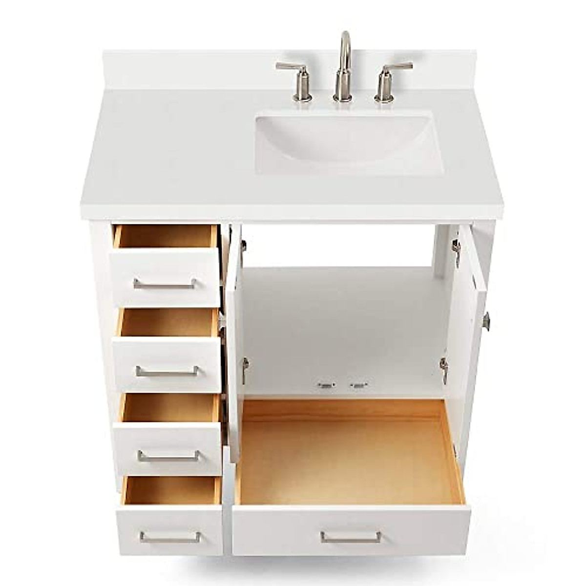 ARIEL 37" White Bathroom Vanity with 1.5" Edge Pure White Quartz Countertop & Backsplash, Right Rectangular Sink, 2 Soft Closing Doors, 5 Full Extension Dovetail Drawers, Brushed Nickel