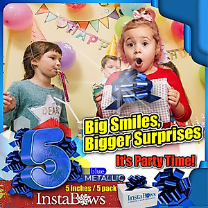 Insta Bows Pull String Large Gift Bows 5 Big Blue Gift Bows Perfect for Christmas and Birthday Presents Metallic Look and Shine 5 (Five) Pack of Big Bows That Measure 5 Inches Wide