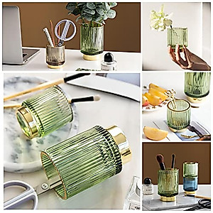 DASITON Makeup Brush holder Organizer,Crystal Cosmetic Makeup Brush Glass Brushes Storage Holder, Vintage Make Up Brush Cup Pen Pencil Holder striped vase(Green S+L