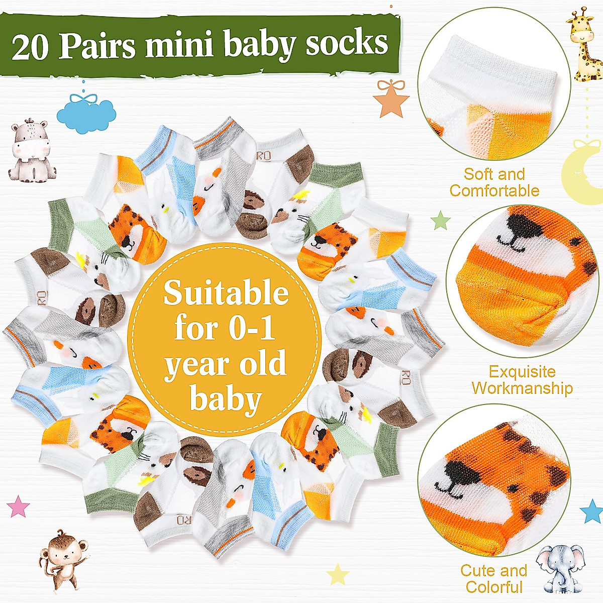 Hoteam 21 Pcs Baby Shower Games Include Baby Sock Hunt Sign and 20 Pair Small Cotton Baby Socks Wooden Table Sign with Holder for Boy and Girl Gender Reveal Party Favors(Safari,Animal Style)