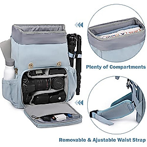 BAGSMART Camera Backpack, DSLR Camera Bag, Waterproof Camera Bag Backpack for Photographers, Fit up to 15" Laptop with Rain Cover and Tripod Holder, Light Blue