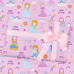 Little Princess Birthday Wrapping Paper for Girls Kids Baby Child, Lovely Pink Princess Castle Theme Gift Wrapping Paper for Birthday Baby Shower with Pink Ribbon 4 Sheets Folded Flat