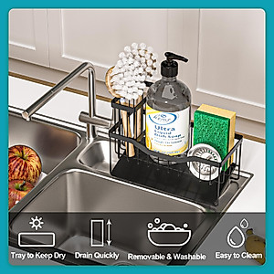 Multifunctional Sponge Holder for Kitchen Sink with High Brush Rack, Sink Caddy with Self Drain Tray, Kitchen Sink Organizer Sponge Caddy for Storage Dish Soap Dispenser - Kitchen Gadgets Accessories