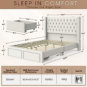 CIKUNASI Velvet Upholstered Bed Frame Queen with Headboard and Storage, Tall Bed Frame with 2 Drawers, Tufted Wingback Bed Frame Queen Size LED Light, Charging Station, No Box Spring Needed, Cream