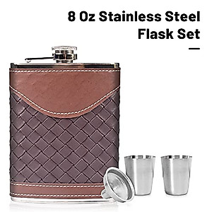 Hip Flasks for Men 8oz Leather Flask Gift Set,LHD HOME 304 Stainless Steel Flask Set w/Funnel Shot Glasses Lovely Gift for Whiskey Rum Groomsman Best Man Usher Wedding Camping-Leather Stripe Black8oz