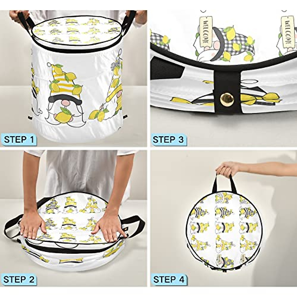 Oyihfvs Seamless Pattern with Yellow Gnomes, Yellow Lemons on White Folding Pop Up Laundry Hamper, Portable Basket with Handles Zipper Storage Organizer for Bedroom Bathroom College Dorm Travel