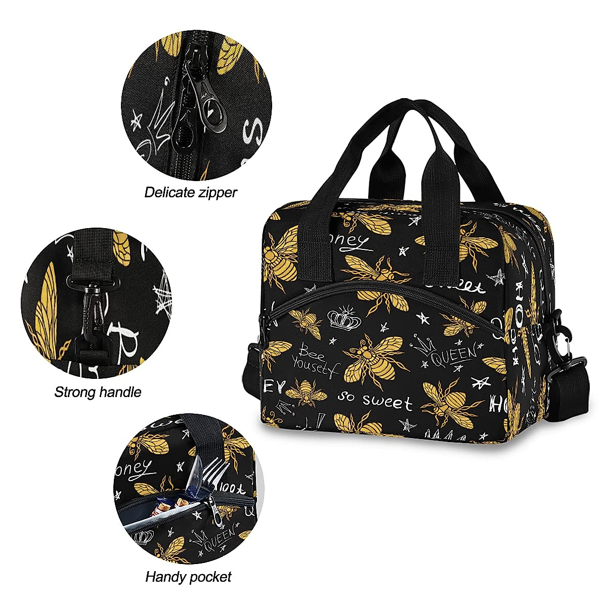 Animal Bee Queen Crown Reusable Insulated Lunch Bag Lunch Tote Bag for Women Men,Stars Cooler Bag Lunch Box Container with Adjustable Shoulder Strap for Picnic School Work Office