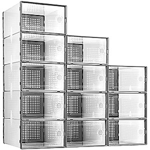 Kuject Grey Shoe Organizer Storage Boxes for Closet, 12 Packs Clear Plastic Stackable Shoe Storage Bins For Entryway, Closet, Drop Front