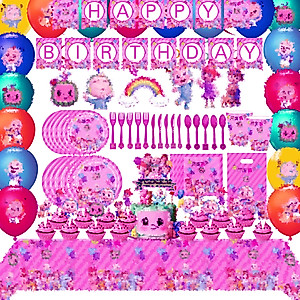 Pink Cartoon Party Supplies, Pink Cartoon Party Favor Decorations Birthday Party Supplies Included Flatware, Cups, Banner, Plates, Napkins, Balloons, Tablecloth, Birthday Party Pack Set for Kids