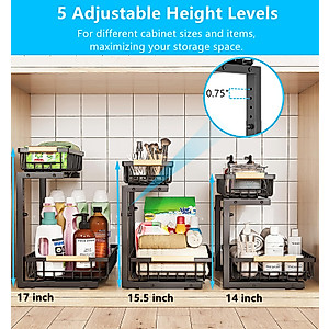 exilot 2 Pack Under Sink Organizer, Large 2 Tier Under Sink Organizer Storage, Height Adjustable Metal Pull Out Cabinet Organizer, Sliding Storage for Kitchen/Bathroom/Laundry Room.