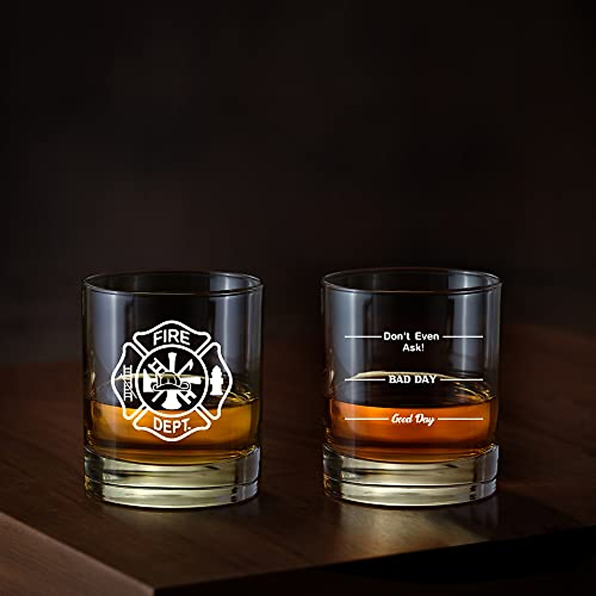 AGMdesign, Double sided Good Day Bad Day Don't Even Ask Fire Department Firefighter Whiskey Glasses, Whiskey Lovers Gifts for Him, Fire Department, Firefighters