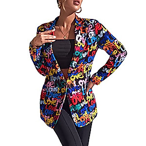 WDIRARA Women's Color Block Graphic Print Long Sleeve Lapel Blazer Jacket Multicolor Letters L