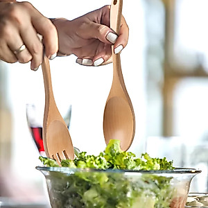 HAKSEN Wooden Salad Tongs, 10.7in Salad Servers Salad Spoon and Fork Set for Mixing, Tossing and Cooking