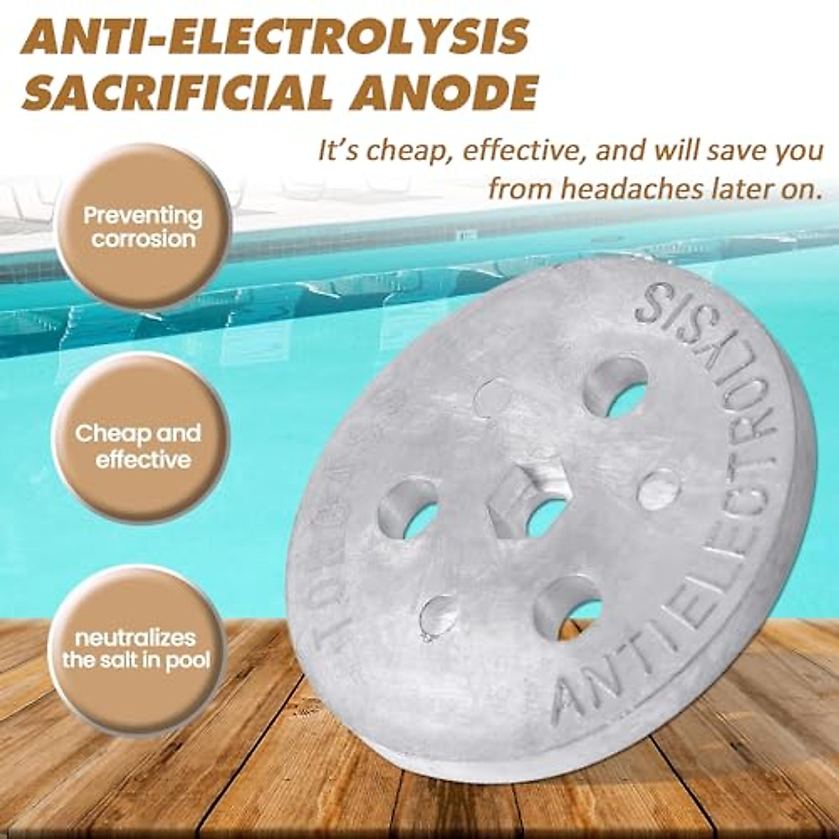 TonGass Zinc Anode Weight - Anti-Electrolysis Sacrificial Anode - Galvanic Anode for Passive Cathodic Protection - Bolts Inside or Outside Skimmer Baskets - Salt System Swimming Pool Must-Have