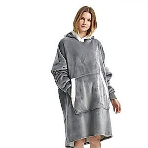 XYNHML Oversized Wearable Blanket Flannel Sherpa Fleece Giant Hoodie Blanket Light Grey Stitch Blanket Hoodie Sweatshirt Blanket with Sleeves and Giant Pocket