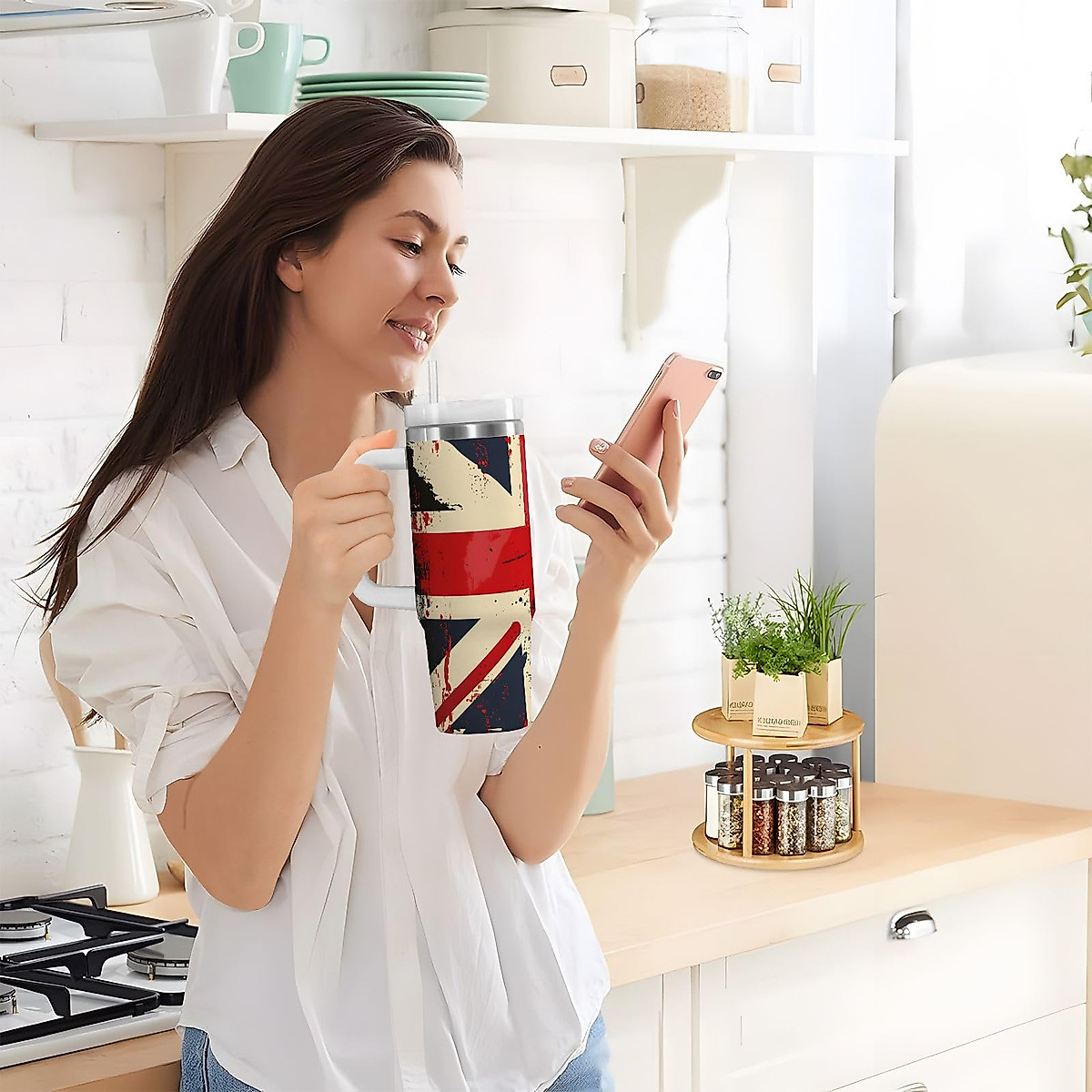 FENOCHE British Flag Retro 30 oz Tumbler Insulated Cups Stainless Steel Water Bottle with Handle Lid and Straw Tumblers for Car Cup Holder