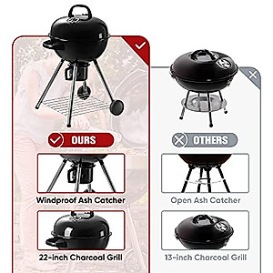 Rankok 22-Inch Premium Kettle Charcoal Grill Outdoor Barbeque Grill & Smokers Portable Trolley BBQ Grill with Wheels Adjustable Ash Catcher Bakeware Clips Thermometer for Cooking Camping Patio Garden