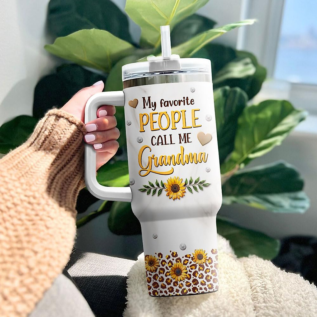 99WHALE Nana Tumblers Handle Heart Daisy Cup Cups Coffee Print Black For Granny, Grandma Gifts, Tumbler 40 Oz With Handle Lid And Straw, Grandma Carving Rainbow Leopard Sunflower