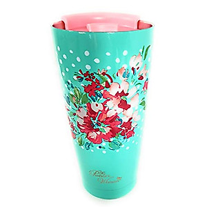 The Pioneer Woman Garden Stainless Steel Double Wall Vacuum Insulated Maverick Tumbler with Sliding Lid, 20 oz, Turquiose with Floral and Dots Design