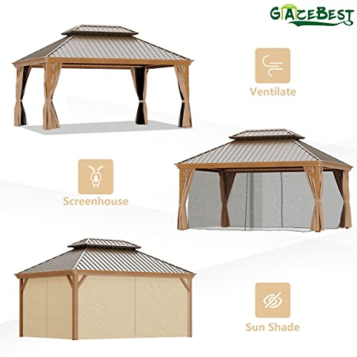 GAZEBEST 12' X 16' Permanent Hardtop Gazebo, Outdoor Galvanized Steel Double Roof Pavilion Canopy with Wood-Grain Coated Aluminum Frame and Privacy Curtains for Garden Patio,Backyard,Deck and Lawns