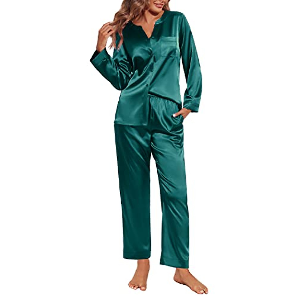 Ekouaer Womens Silk Pjs Long Sleeve Sleepwear Satin Pajamas Top and Pants Set Two Piece Sleep Set Dark Green