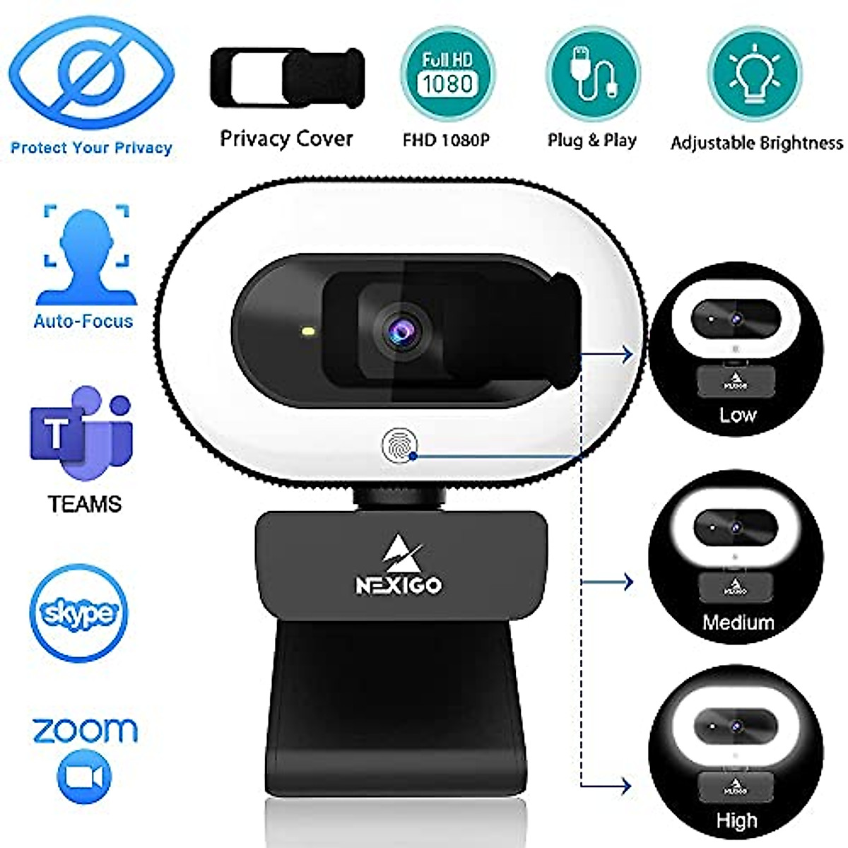 NexiGo StreamCam N930E with Software, 1080P Webcam with Ring Light and ...