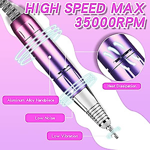 Professional 35000 RPM Nail Drill , Rechargeable Electric Nail File Machine E File for Acrylic Nails Gel Polishing Removing, Portable Cordless Efile with Bits Kit for Manicure Salon Home Pink