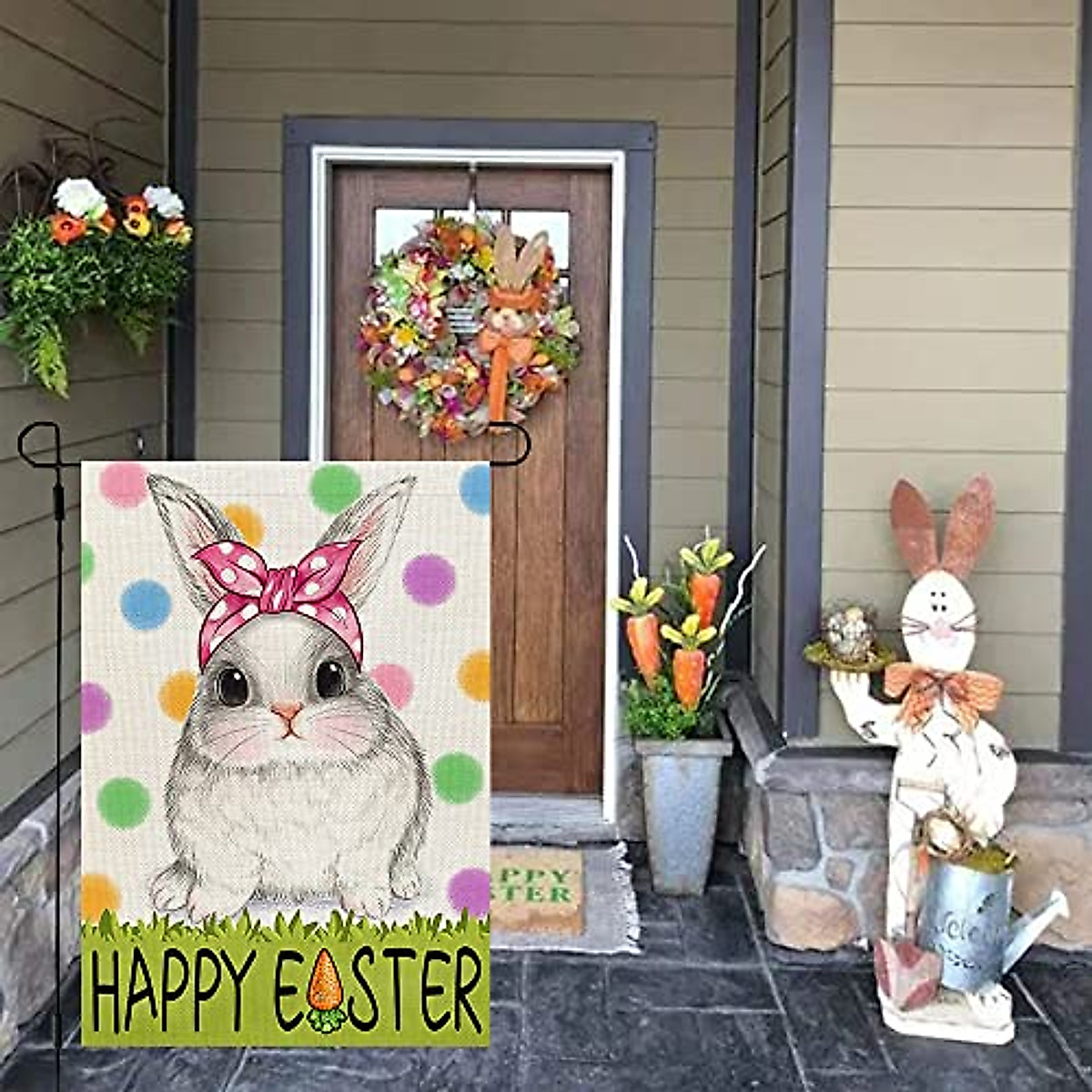 CROWNED BEAUTY Happy Easter Bunny Garden Flag 12x18 Inch Double Sided for Outside Burlap Small Polka Dots Yard Holiday Decoration CF705-12