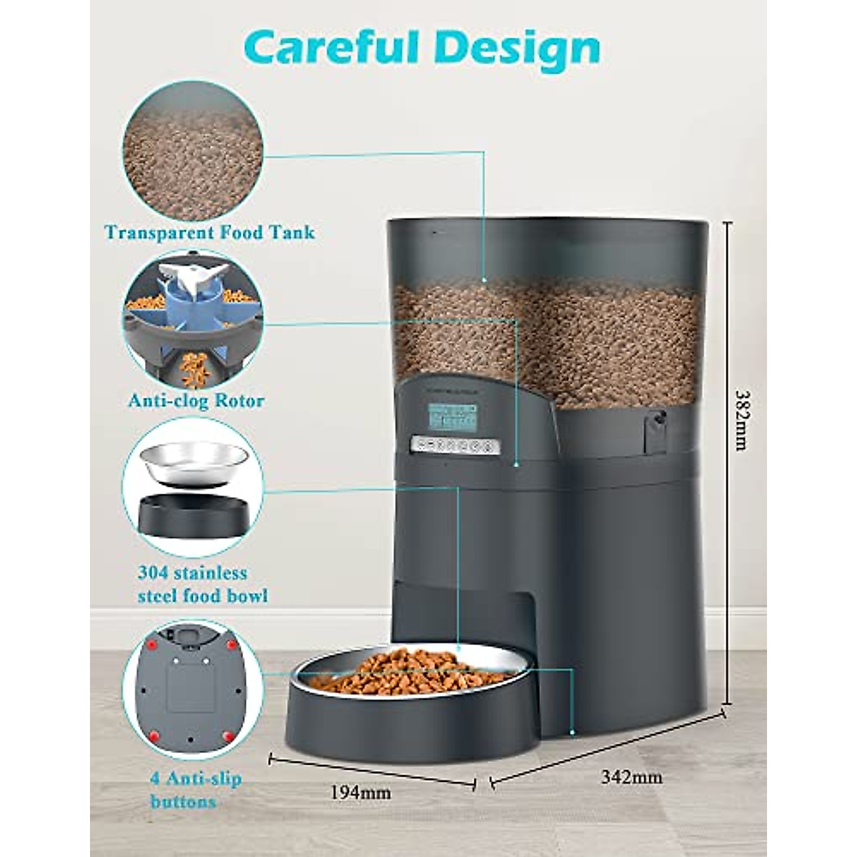 Automatic Cat Feeder, HoneyGuaridan 6.5L Pet Feeder for Cats and Dogs Dry Food Dispenser with Desiccant Bag, Stainless Steel Bowl, 6 Meals Portion Control, Dual Power Supply &10s Voice Recorder