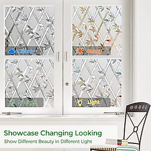 bofeifs Window Privacy Film Etched Bamboo Rainbow Window Clings 3D Non-Adhesive Stained Glass Window Film for Living Room Kitchen Lobby Porch Gaming Room 17.7 x 78.7 inches