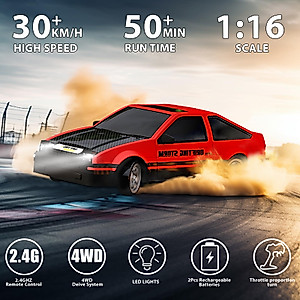 Remote Control Car RC Drift Car 1:16 Scale 4WD RC Car with LED Lights 2.4GHz 30km/h Hard Shell RTR High Speed Drift Racing Sport Toy Car for Adults Boys Girls Kids Gift 2Pcs Rechargeable Batteries