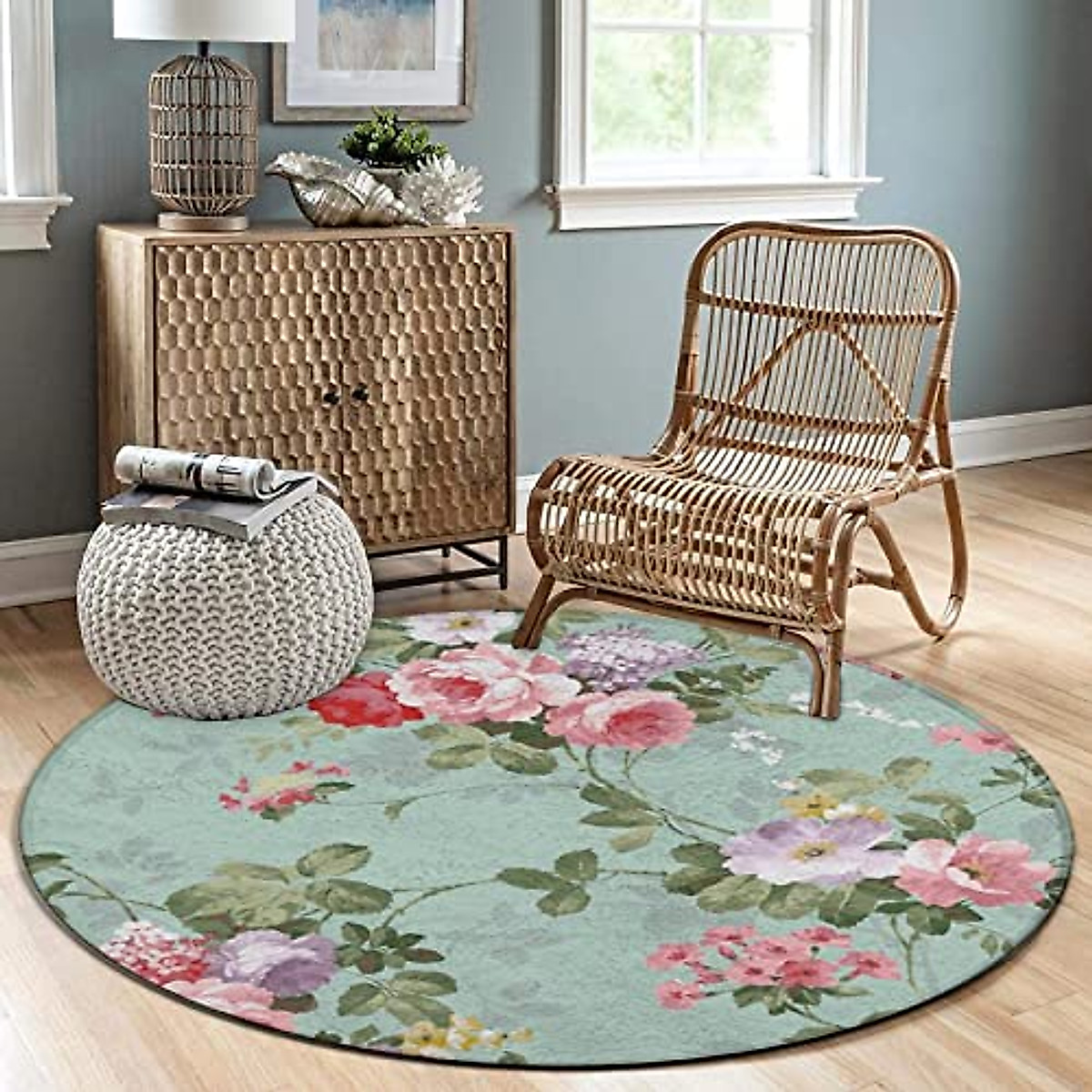 Luxury Soft Round Area Rug Home Decor for Bedroom Living Room Office, Shabby Chic Flowers Roses Pedals Dots Leaves Buds Spring Season Theme, Fashion Throw Rug Circle Carpet, 5ft Diameter