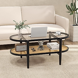 Moccha Boho Coffee Table, 2-Tier Center Table with Tempered Glass Tabletop & PE Rattan Storage Shelf, Mid Century Modern Tea Table, 40" L Oval Accent Table for Living Room, Office (Black)