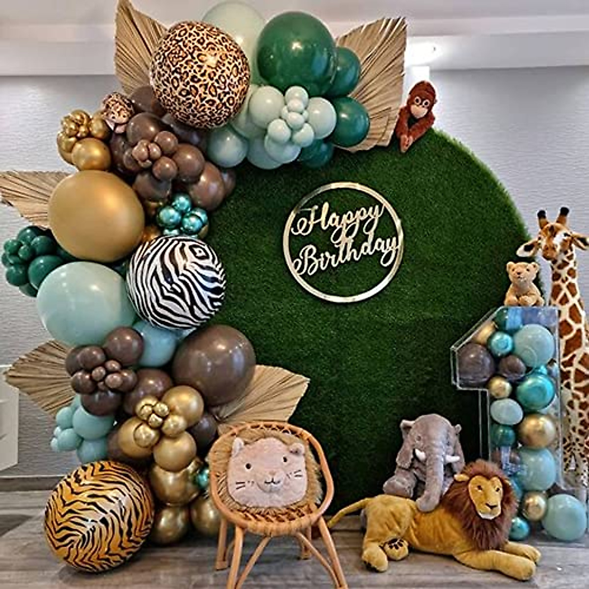 128pcs Safari Jungle Balloon Garland Arch Kit- Sage Green and Brown Balloons with Animal Print for Wild One Tropical Theme Party Supplies Olive for Boy First Bithday Baby Shower Wedding Graduation Gold White Decorations (Safari Balloons Set)